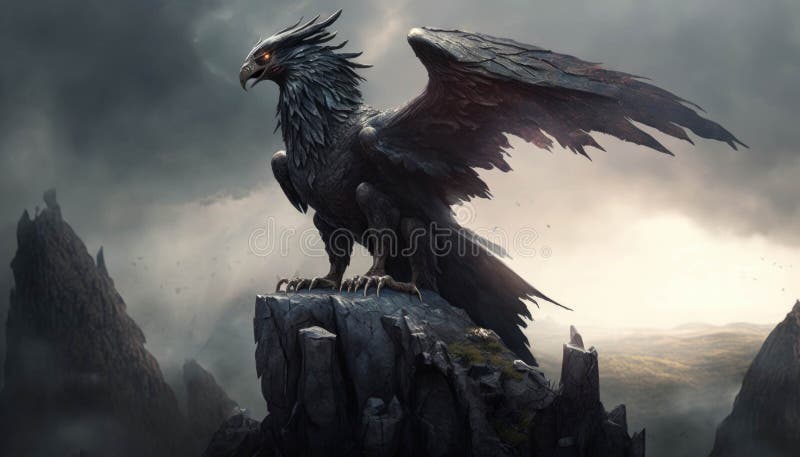 A Winged Creature Perched Atop a Mountain Peak. Fantasy Art Stock ...