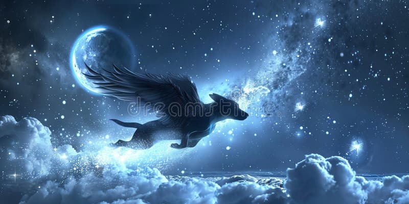 A Winged Dog in Flight Ascending Past the Moon into a Starry Night a ...