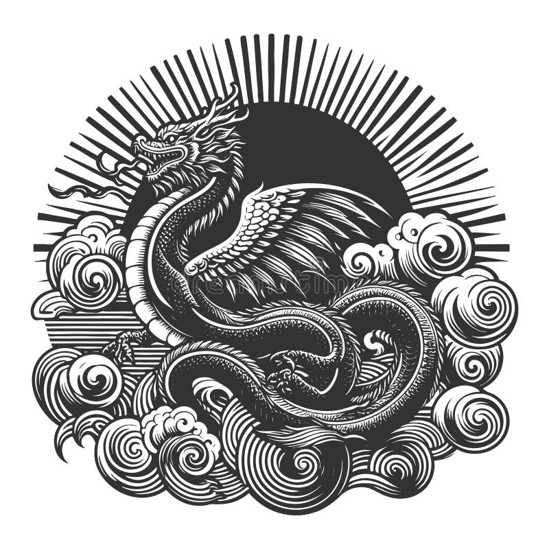 Winged Eastern Dragon in Cloud Raster Illustration Stock Image - Image ...