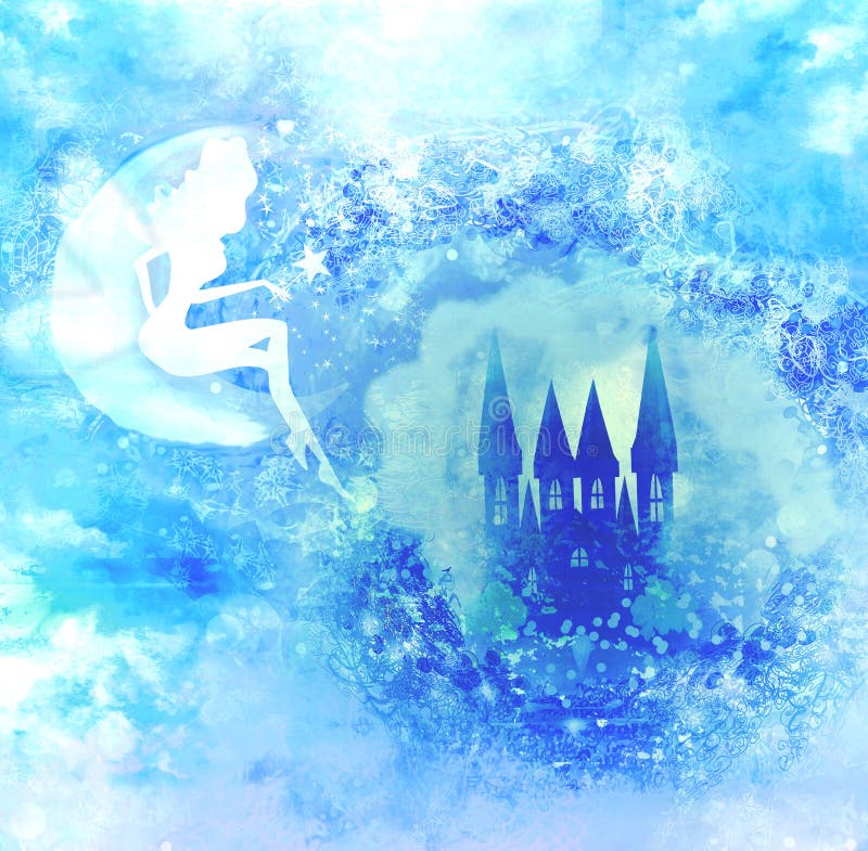 Winged elf sit on moon. stock illustration. Illustration of pink - 31473219