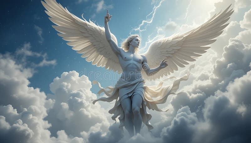 Winged Figure Standing Amidst Clouds with Sky and Lightning Backdrop ...
