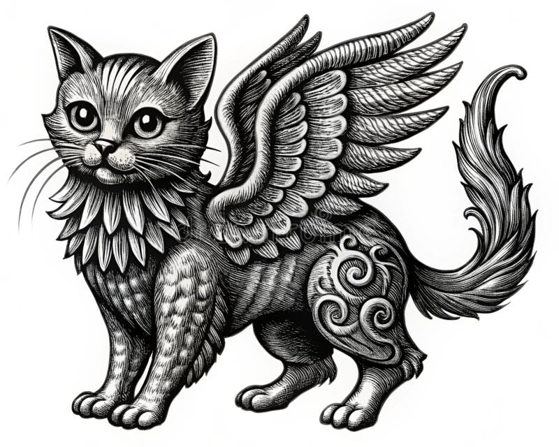 Winged Flying Cat Design in Isolated Background Stock Illustration ...