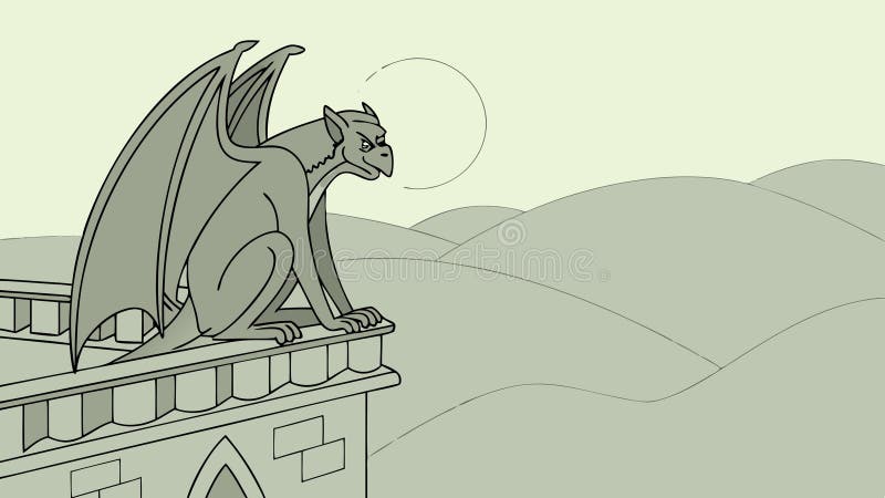 Winged Gargoyle on Gothic Building in Moonlit Scene Vector, Vector ...