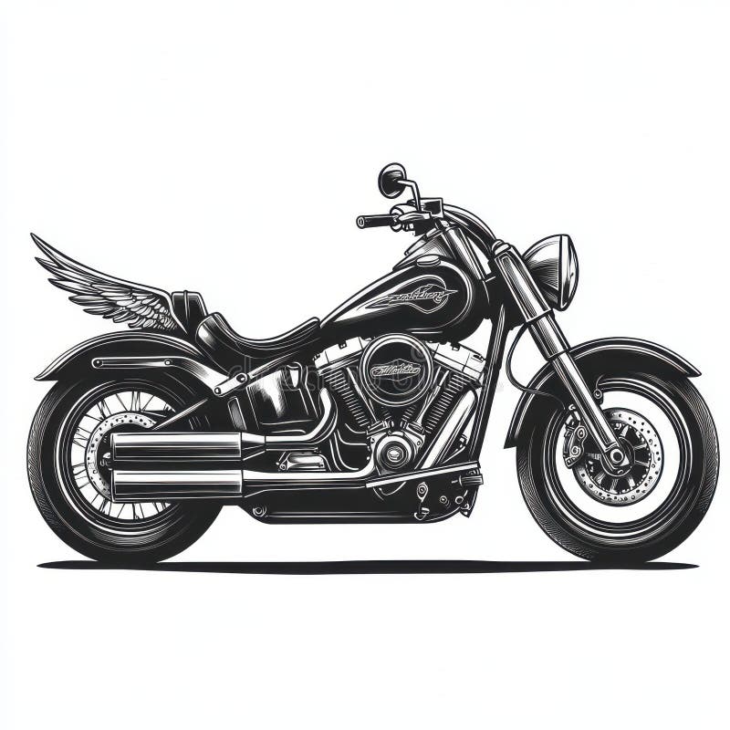 Winged Harley Davidson Motorcycle Black and White Illustration Stock ...