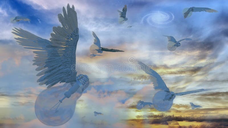 Flying Light Bulbs in Cloudy Sky Stock Footage - Video of innovation ...