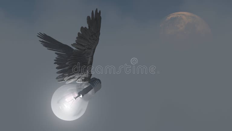 Winged Light Bulb Flies in Clouds Stock Illustration - Illustration of ...