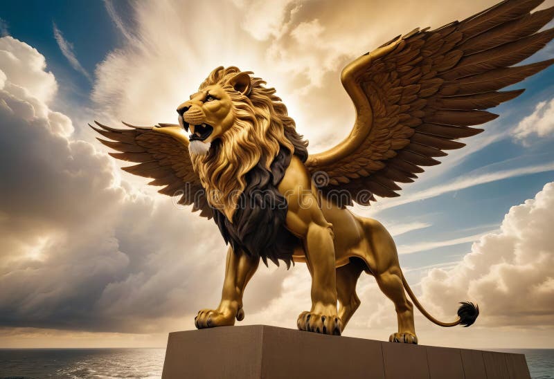 A Winged Lion Flying Over Golden Clouds Stock Illustration ...