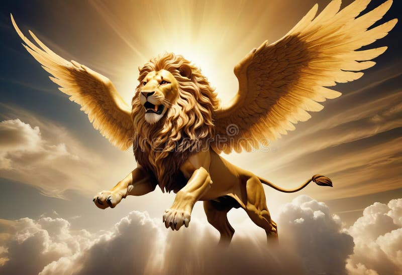 A Winged Lion Flying Over Golden Clouds Stock Illustration ...