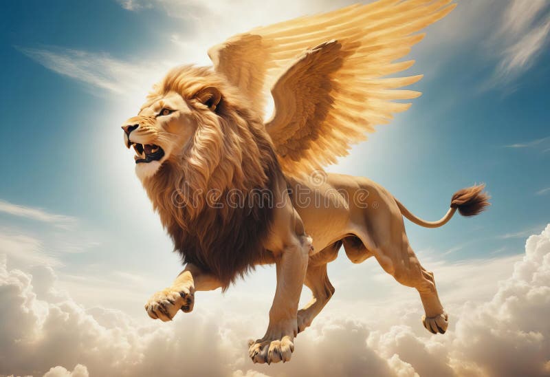 A Winged Lion Flying Over Golden Clouds Stock Illustration ...