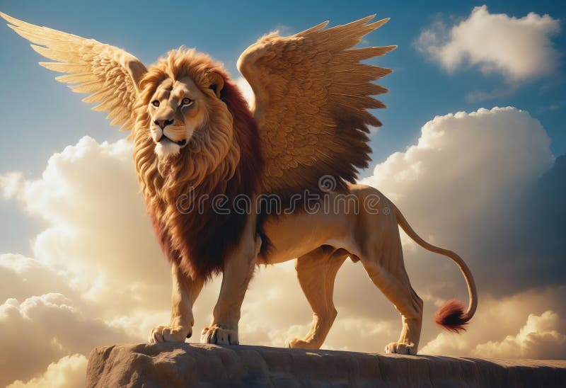 A Winged Lion Flying Over Golden Clouds Stock Illustration ...