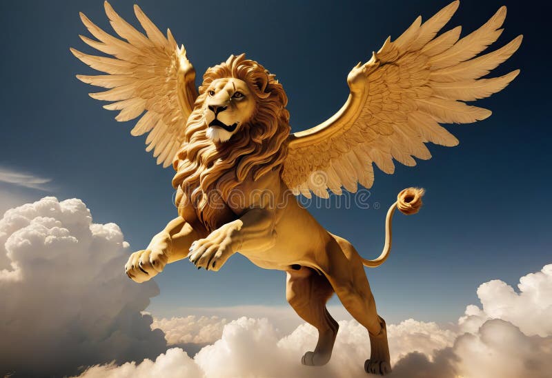 A Winged Lion Flying Over Golden Clouds Stock Illustration ...