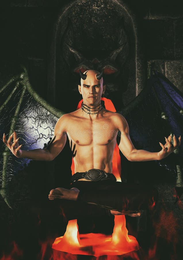 Winged Male Bold Demon in a Hellish Place. Stock Illustration ...