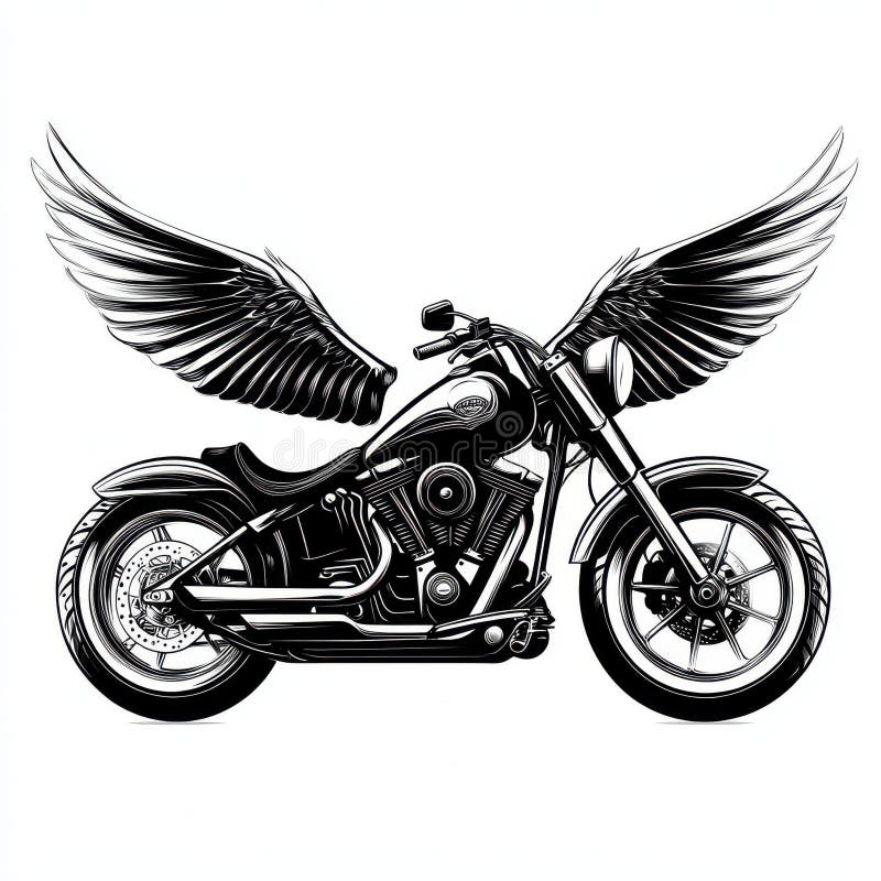 Winged Motorcycle Black and White Design Chopper Illustration Stock ...