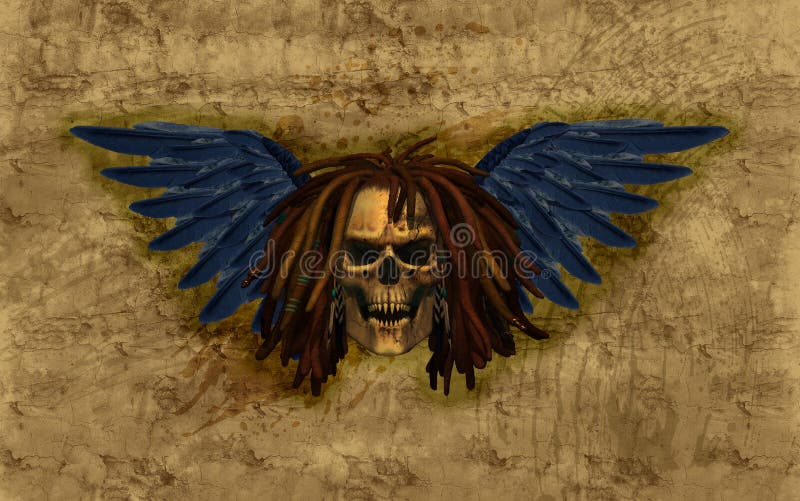 Winged Skull with Dreadlocks on Grunge Stock Illustration ...