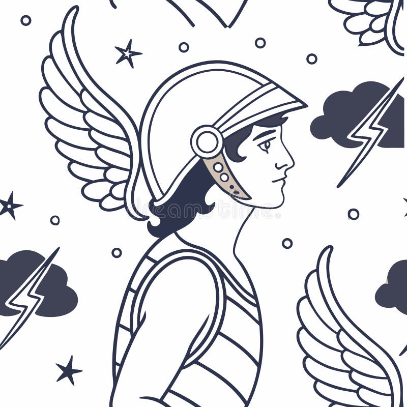 Winged Warrior with Helmet and Wings Appears Against a Patterned ...