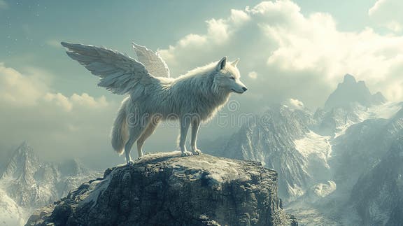 Winged White Wolf on Mountain Peak Stock Photo - Image of fantasy, rocky: 369081560