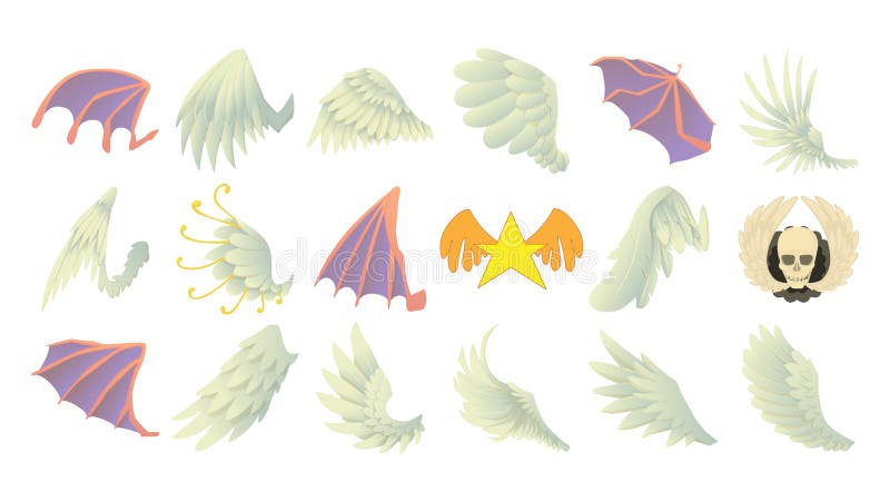 Wings Icon Set, Cartoon Style Stock Vector - Illustration of bird ...
