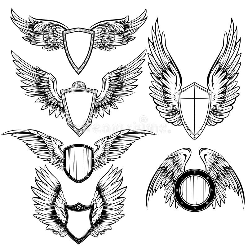 Wings and Shield Heraldic Elements Set Stock Vector - Illustration of ...