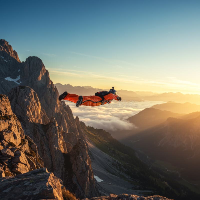 Wingsuit Flying Over Majestic Mountains at Sunset Stock Illustration ...