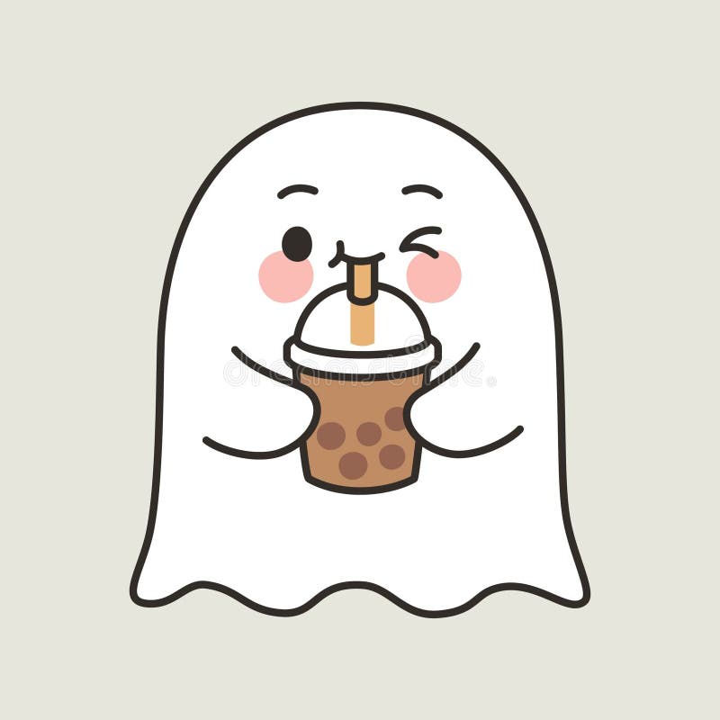 Winking Cute Halloween Ghost Cartoon Vector Drinking Bubble Tea Stock ...