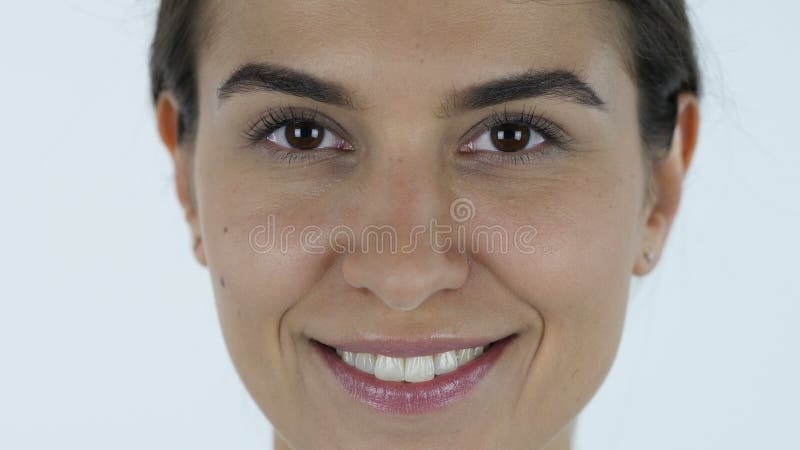 Winking Eye, Close Up of Girl Face, White Background in Studio Stock ...