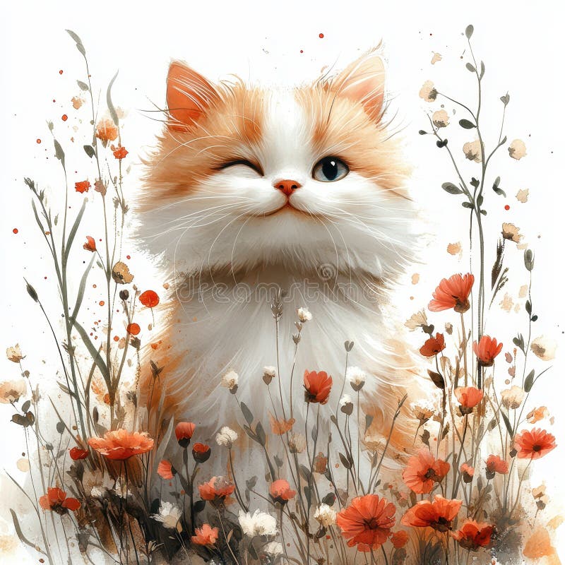 Winking Kitty in a Wildflower Meadow Stock Illustration - Illustration ...