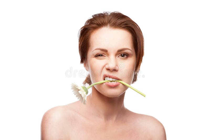 Winking Woman with Flower in Mouth Stock Photo - Image of looking ...