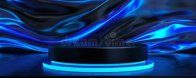 Winner Award Podium Background with a Matte Black Podium and Neon Blue ...
