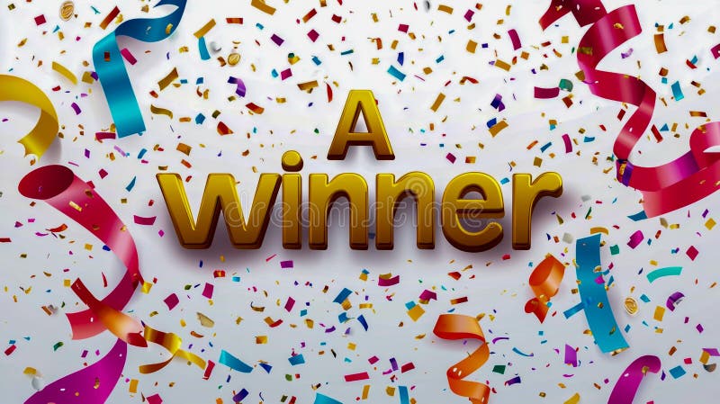 A Winner in Golden Letters on White Background with Confetti and ...