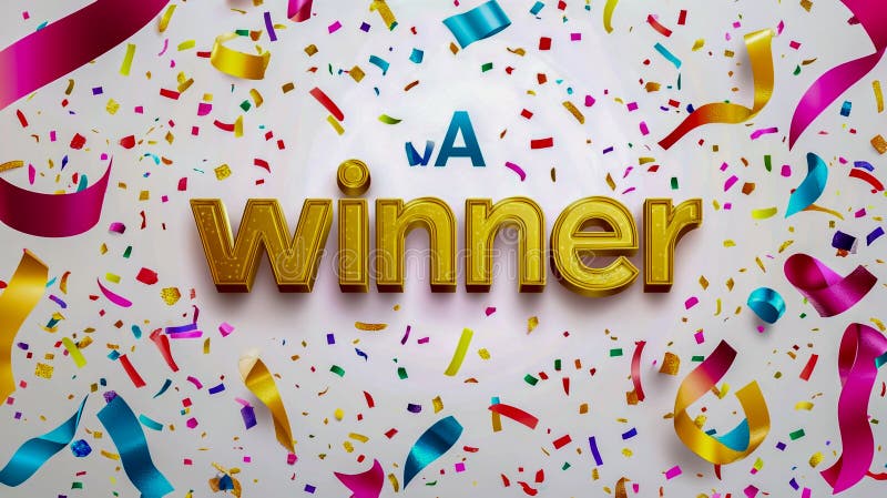 A Winner in Golden Letters on White Background with Confetti and ...