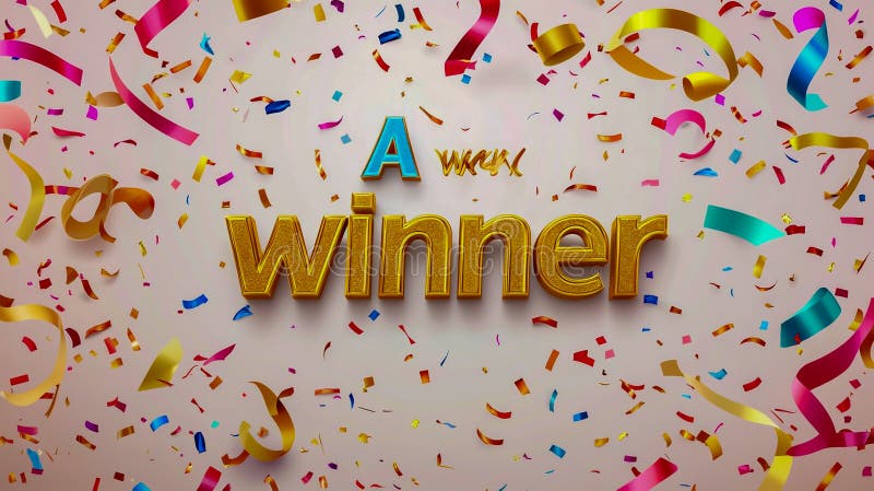 A Winner in Golden Letters on White Background with Confetti and ...