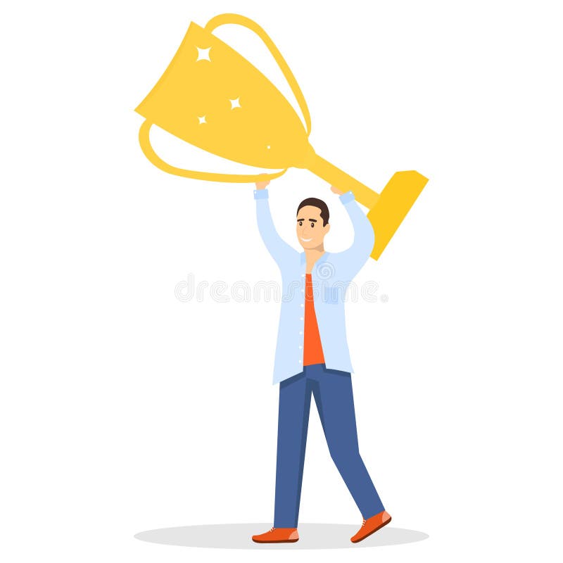 The Winner Man Holds a Trophy in His Hands. a Man Holds a Gold Cup in ...
