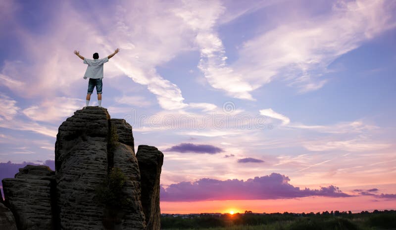 Winner Man Standing on the Top of Mountain Panoramic View Stock Photo ...