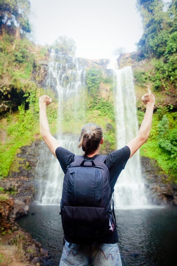 Winner Near Waterfall. Active Life Concept Stock Image - Image of ...