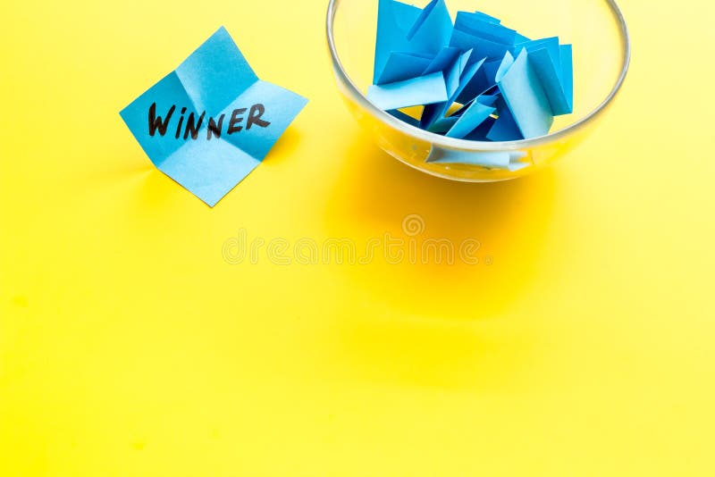 Winner Selection. Paper Pieces for Lottery in Vase on Yellow Background ...