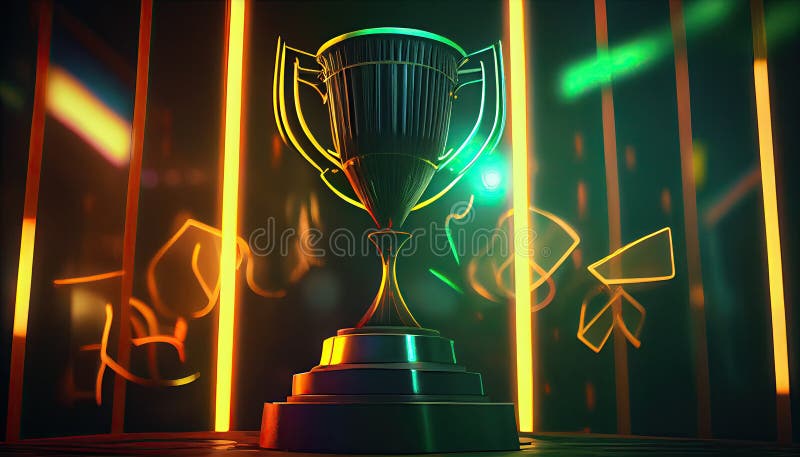 Winner Trophy on a Stage at Studio Illuminated by Neon Lights with ...