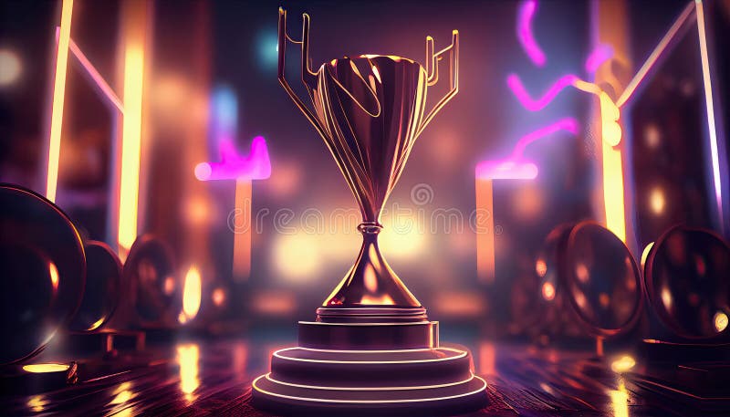 Winner Trophy on a Stage at Studio Illuminated by Neon Lights with ...