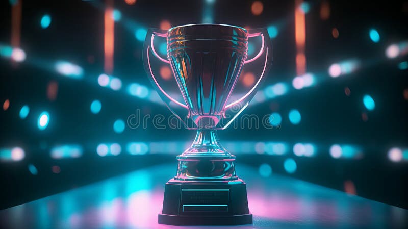 Winner Trophy on a Stage at Studio Illuminated by Neon Lights with ...