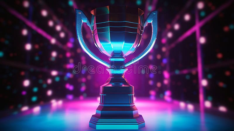 Winner Trophy on a Stage at Studio Illuminated by Neon Lights with ...