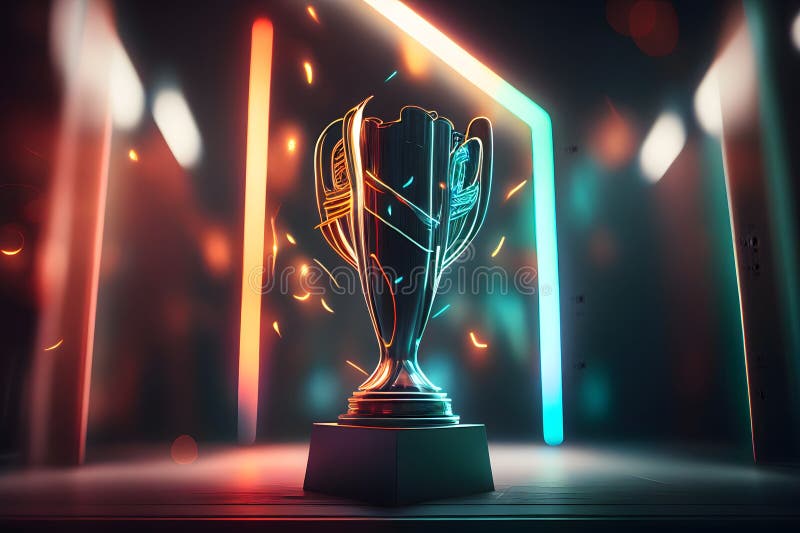 Winner Trophy at Studio Illuminated by Neon Lights with Blurred ...