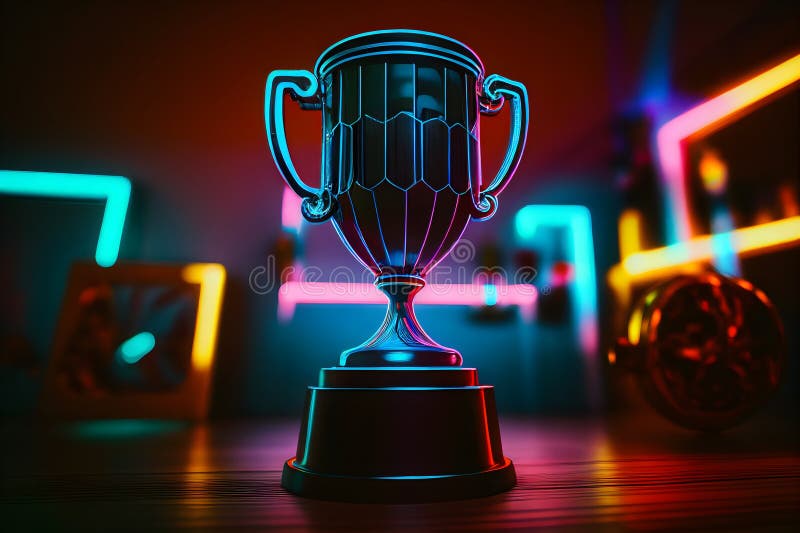 Winner Trophy at Studio Illuminated by Neon Lights with Blurred ...
