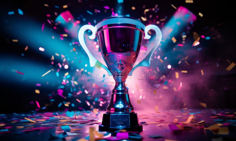 A Winners Champion Trophy with Glowing Neon Lighting and Falling ...
