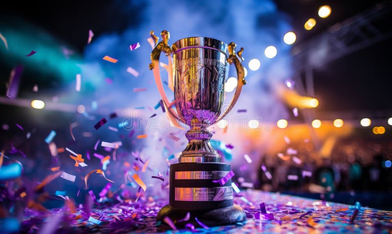 A Winners Champion Trophy with Glowing Neon Lighting and Falling ...