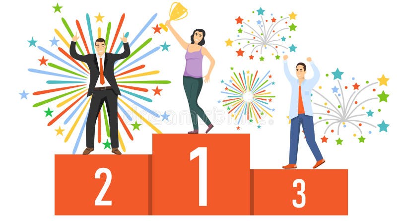 Winners Stand on the Podium and Hold a Trophy in Their Hands. Vector ...