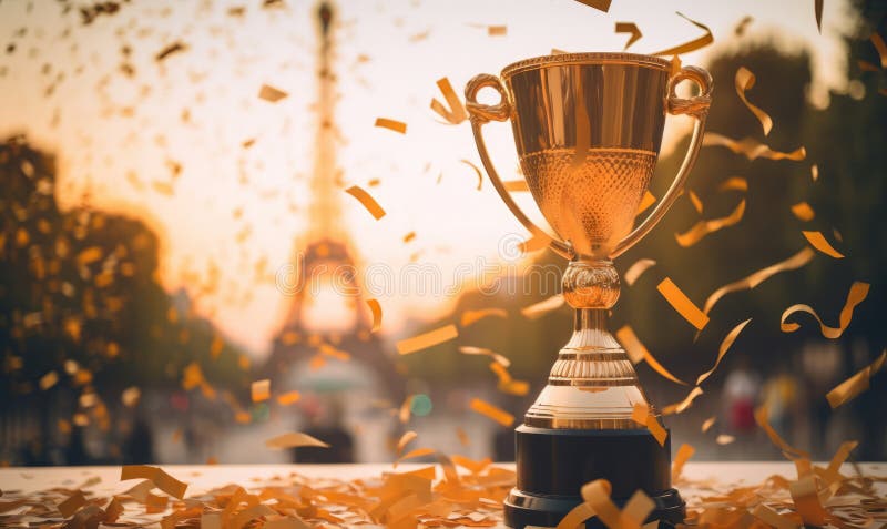 A Winners Trophy with Falling Confetti and Streamers in the Background ...