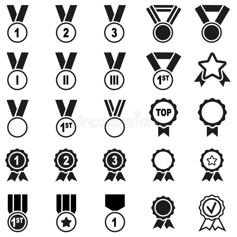 Winning Award Medal Icons Collection in Black. Competition Medal Icons ...