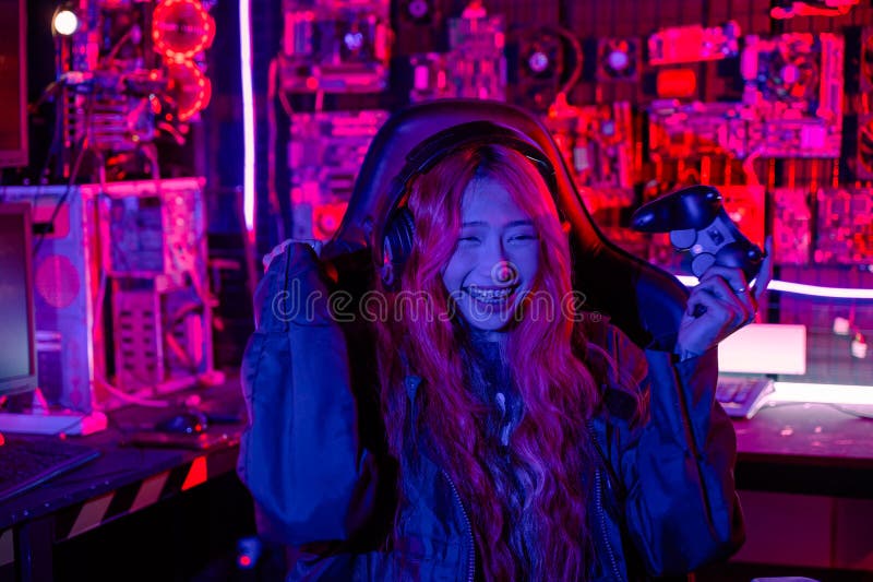 Winning. Happy Gamer Using Joystick Controller for Virtual Tournament ...