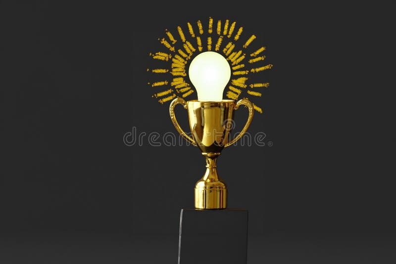 Winning Idea with a Gright Radiant Lightbulb and Gold Trophy Stock ...