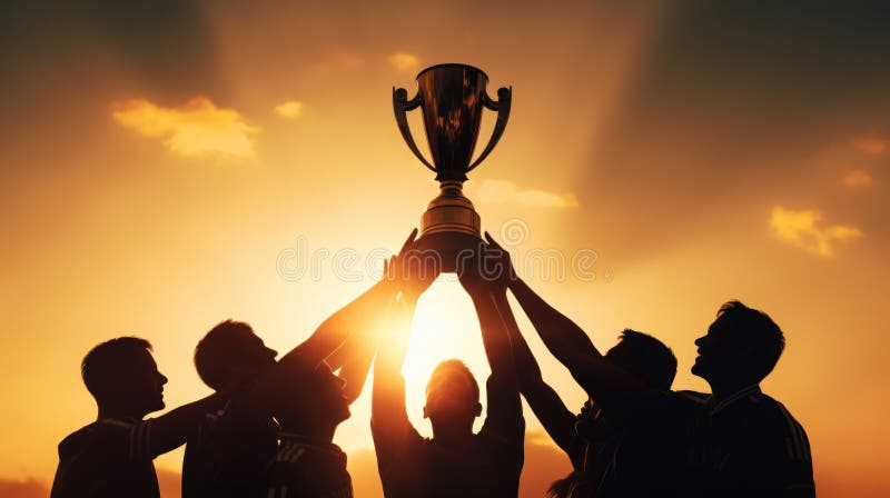 Winning Team with Gold Trophy Against Sunset Stock Illustration ...