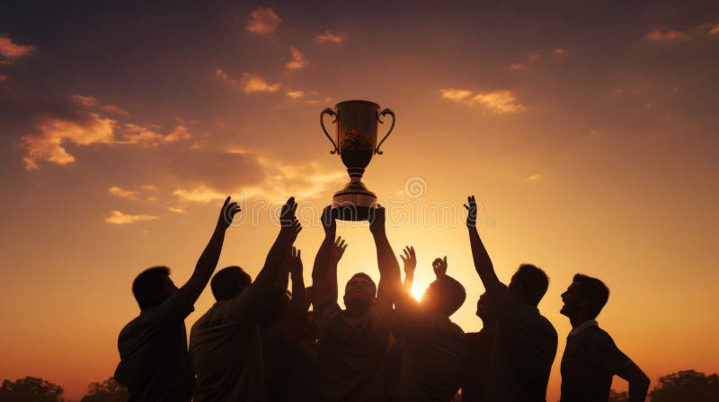 Winning Team with Gold Trophy Against Sunset Stock Illustration ...